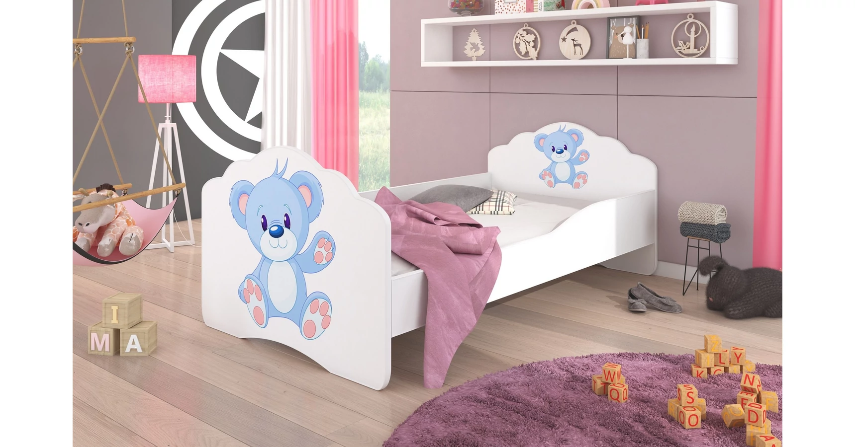 Ágy matraccal CASIMO BLUE BEAR 140x70, Fehér - Gyerekágyak, ifjúsági ágyak
