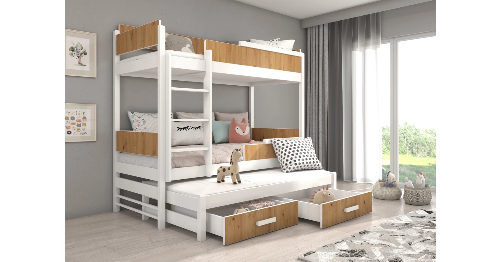 Háromszemélyes emeletes ágy Queen méretben 200x90, Fehér, Artisan ...