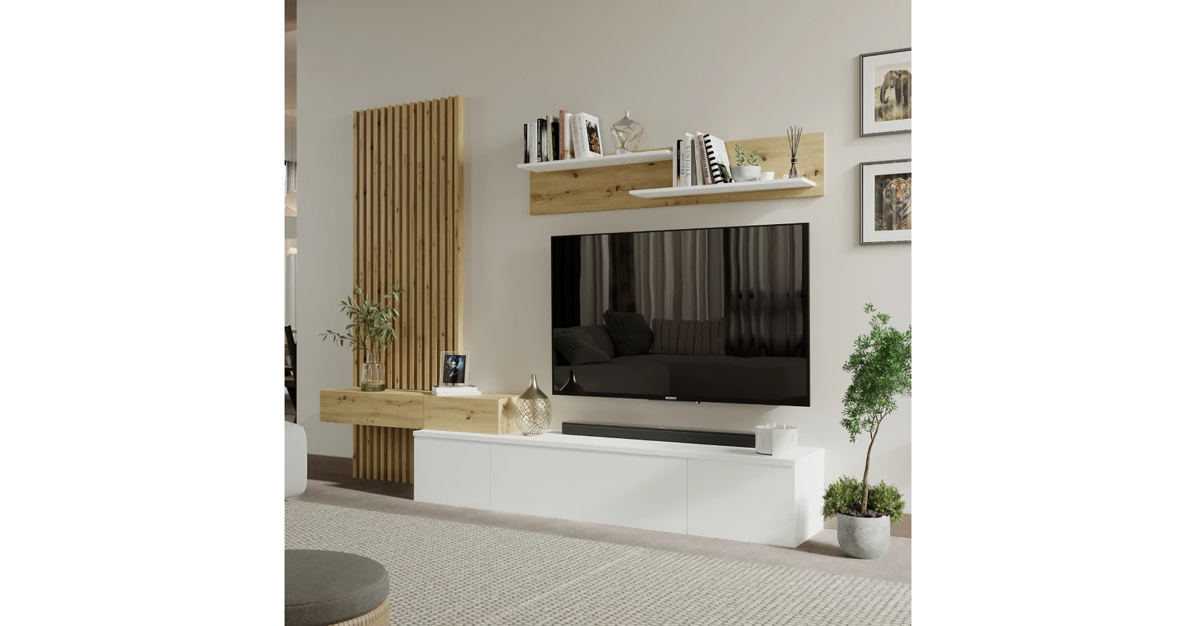 Nappali fal, fehér/artisan tölgy, REBEKA PLUS - Szekrénysor