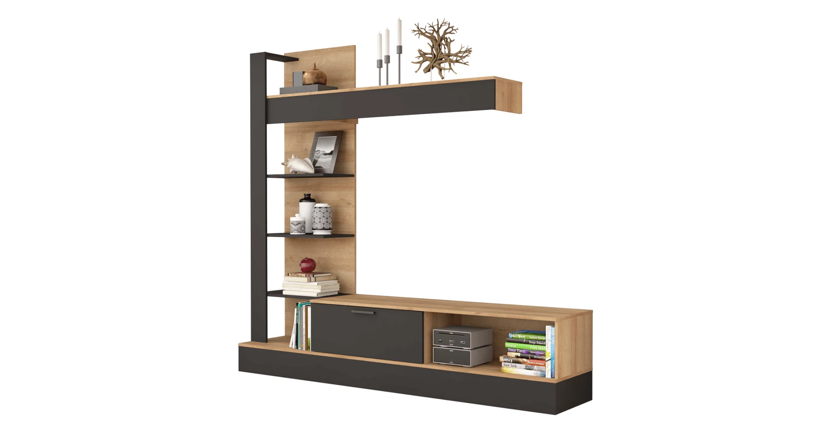 Nappali fal, riviera tölgy/fekete, GELUZA - Szekrénysor